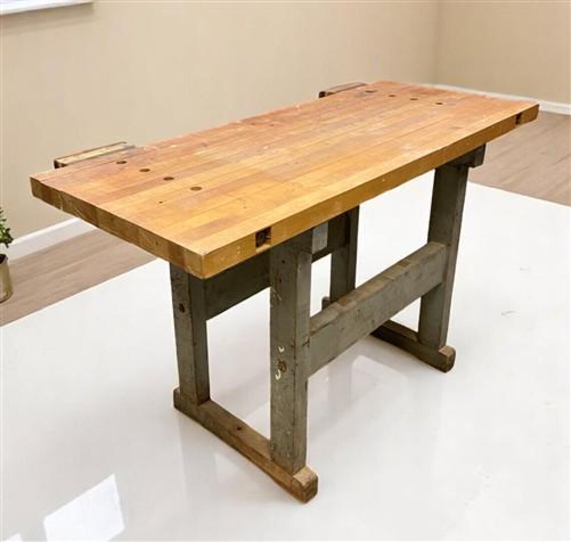 Vintage Rustic Work Table, Carpenter's Workbench, Woodworking Console ...