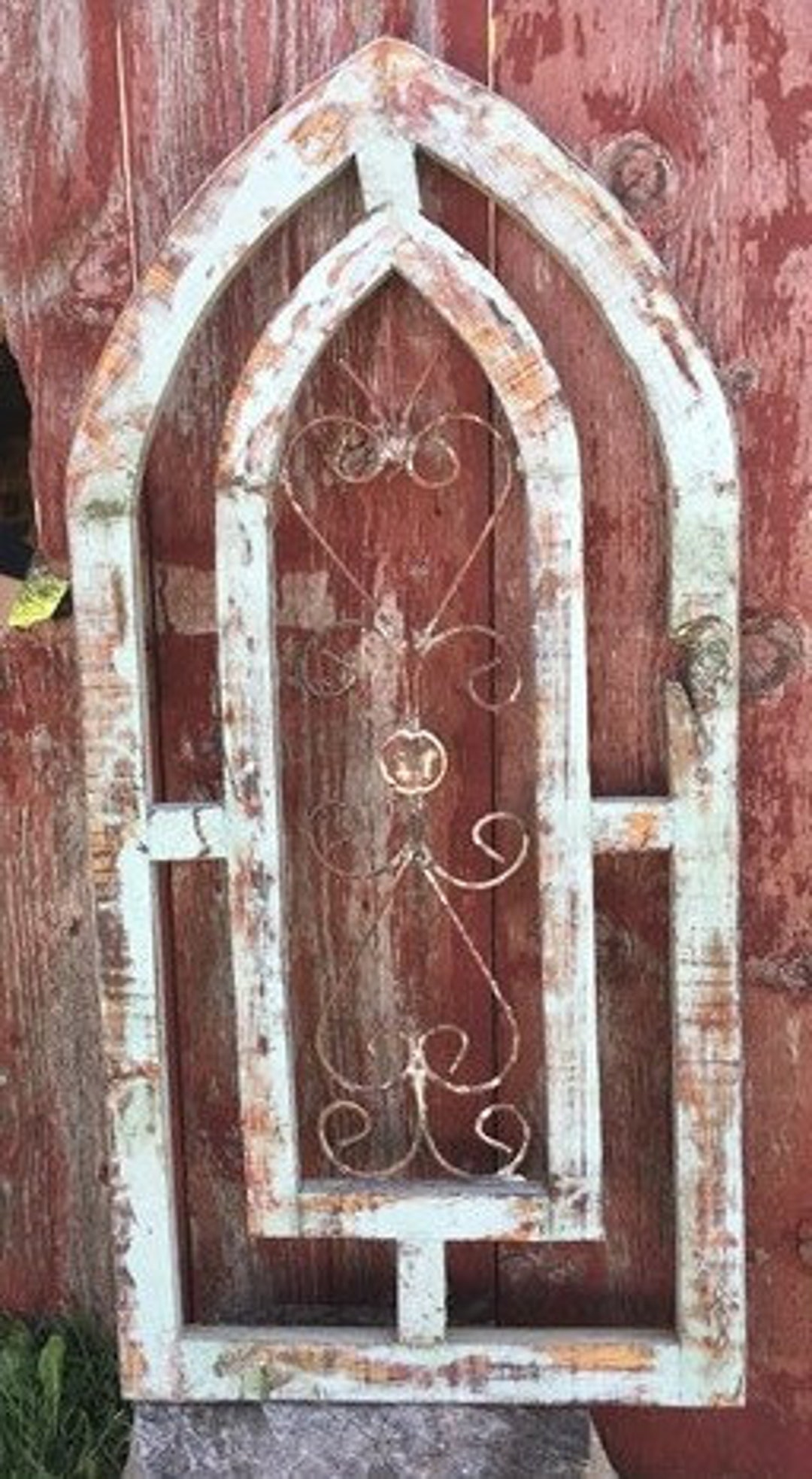 Blue Church Metal Wood Window Frame, Arched Architectural Rustic Wall ...