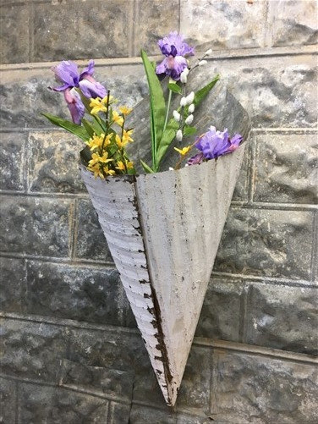 Large White Tin Flower Cone, Rustic Hanging Wall Vase Pocket, Hanging ...