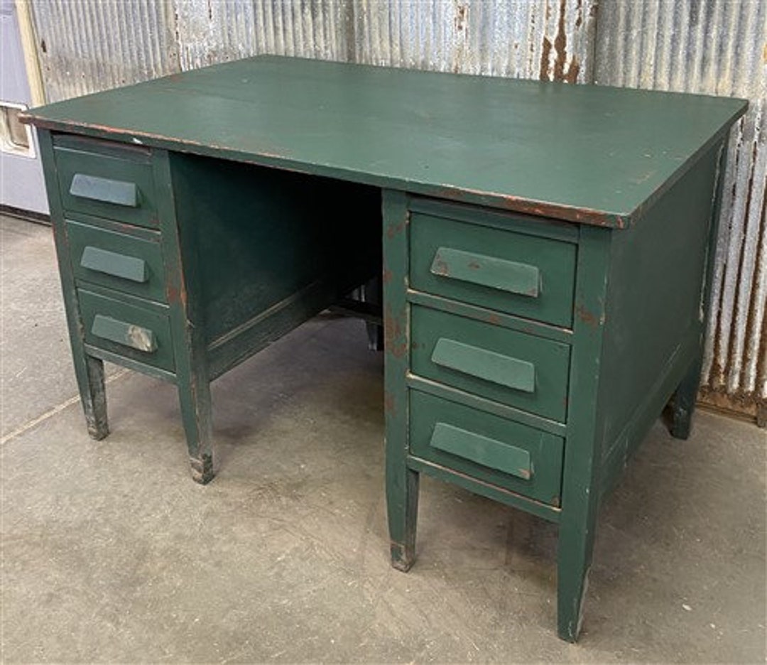 Vintage Green Desk With Drawers, Writing Desk, Home Office Desk, Wood ...