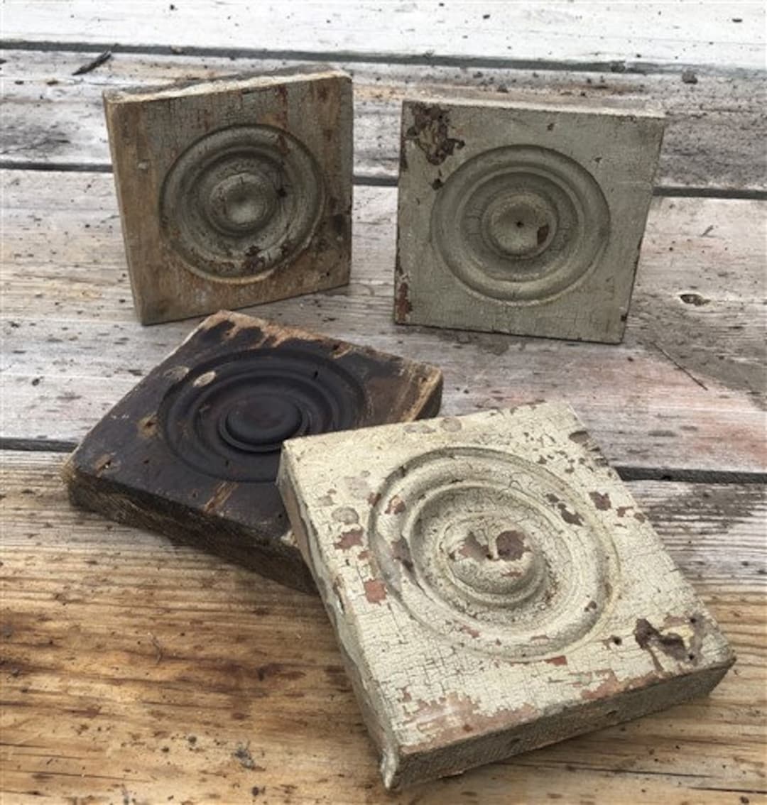 4 Plinth Blocks, Antique Bullseye Rosette, Architectural Salvage, Wood ...
