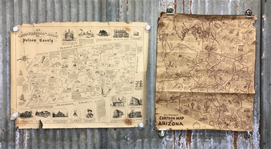 2 Vintage Maps, Reg Manning Cartoon Map Arizona, Historical Map Putman ...