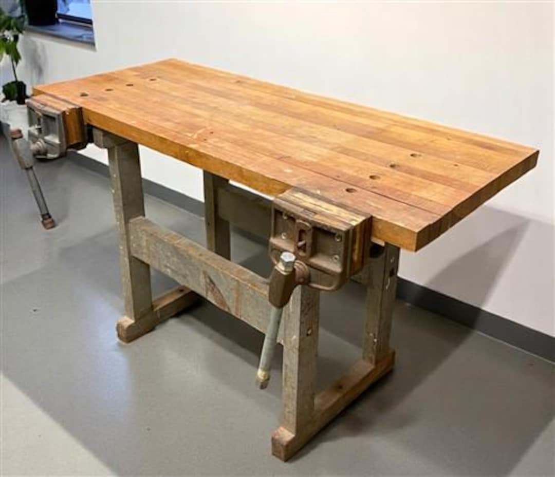 Vintage Rustic Work Table, Carpenter's Workbench, Woodworking Console ...