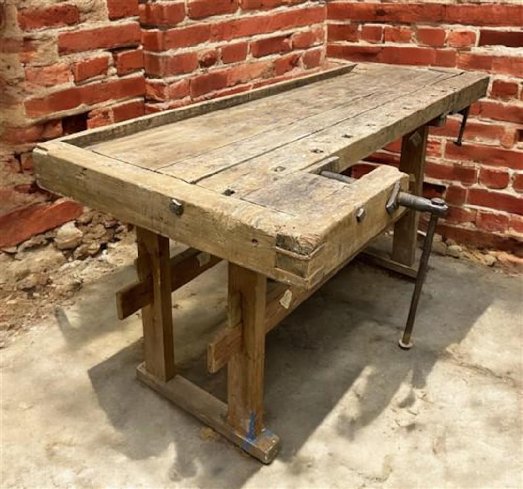 Vintage Rustic Work Table, Carpenter's Workbench, Woodworking Console ...