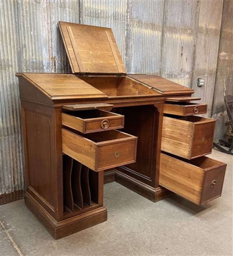 Vintage Oak Slant Front Desk, Standing Desk, Wood Furniture, Secretary ...