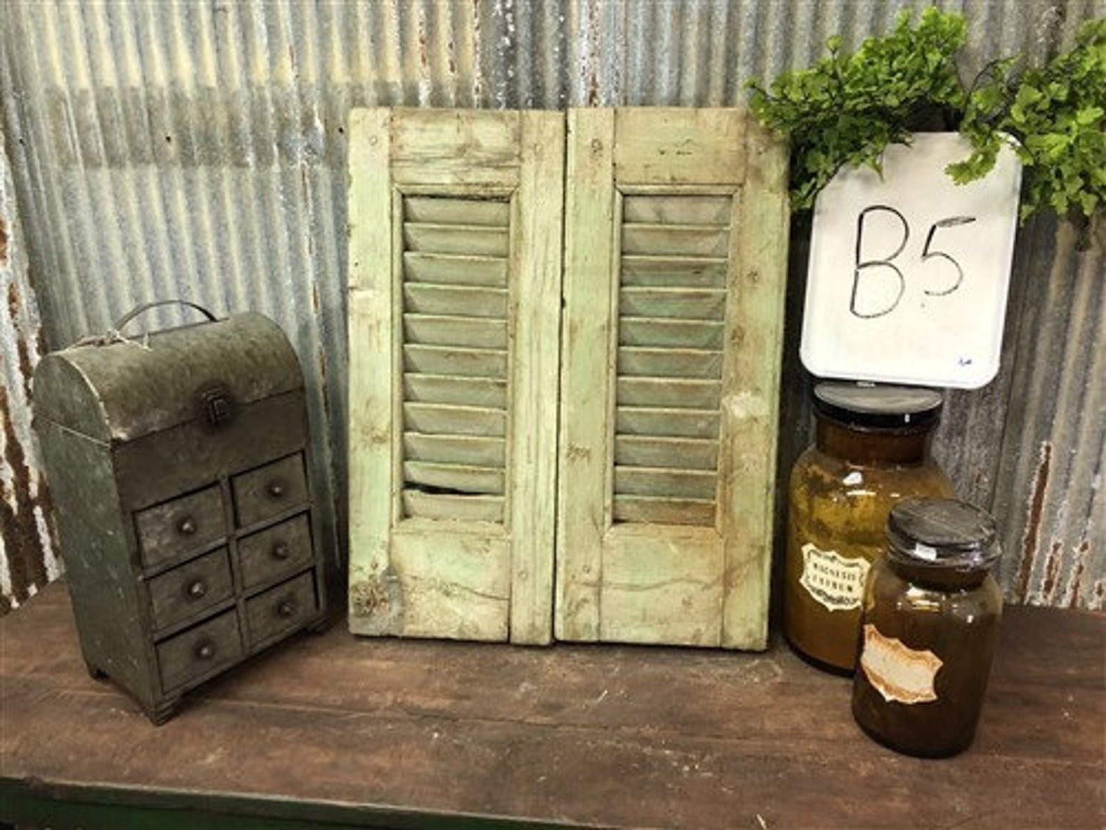 Small Green Antique Farmhouse Shutter, Wood Shutter, Architectural ...
