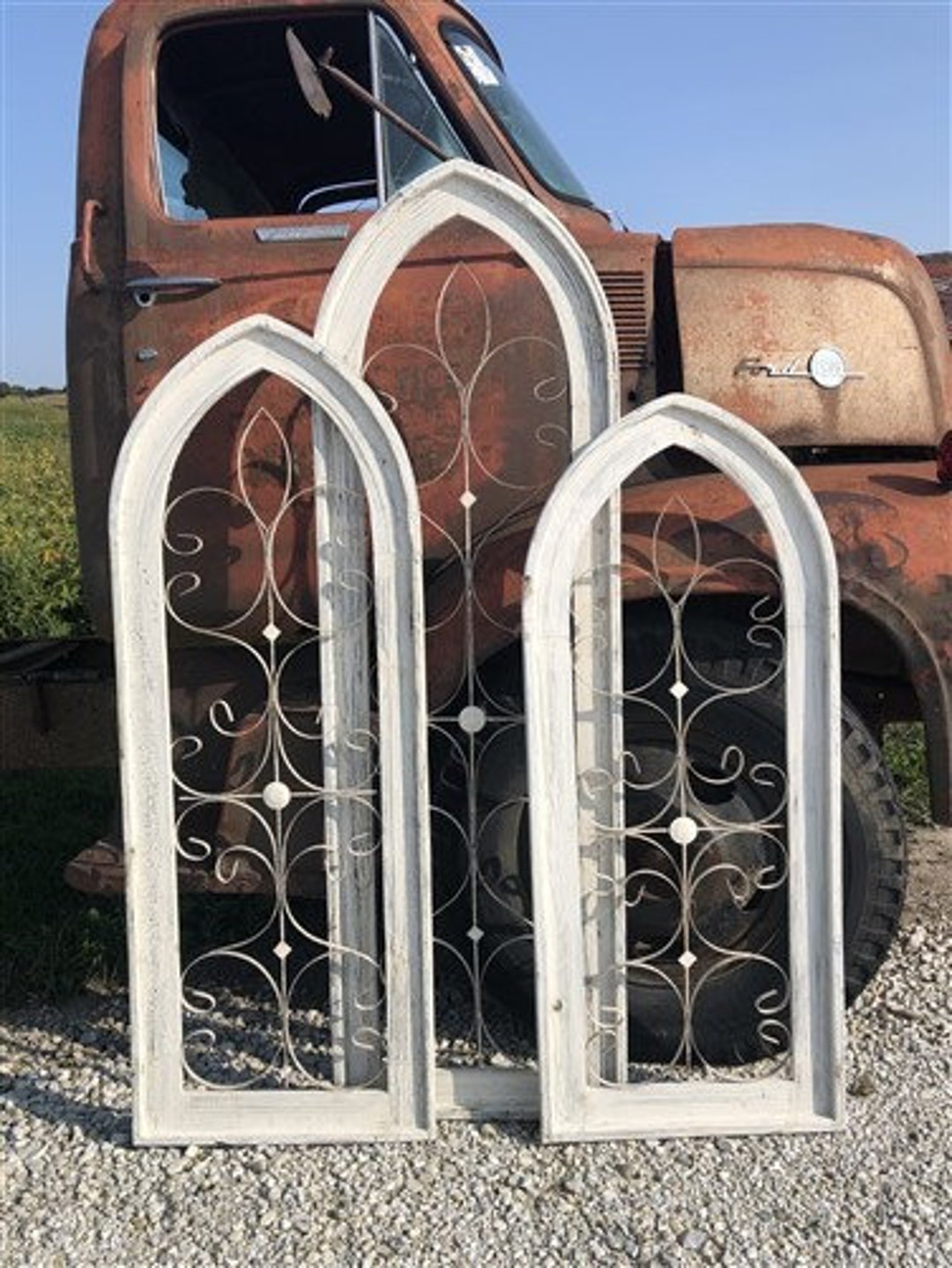 Set 3 XL Arched Wood Metal Gothic Window Frames, Architectural Window ...