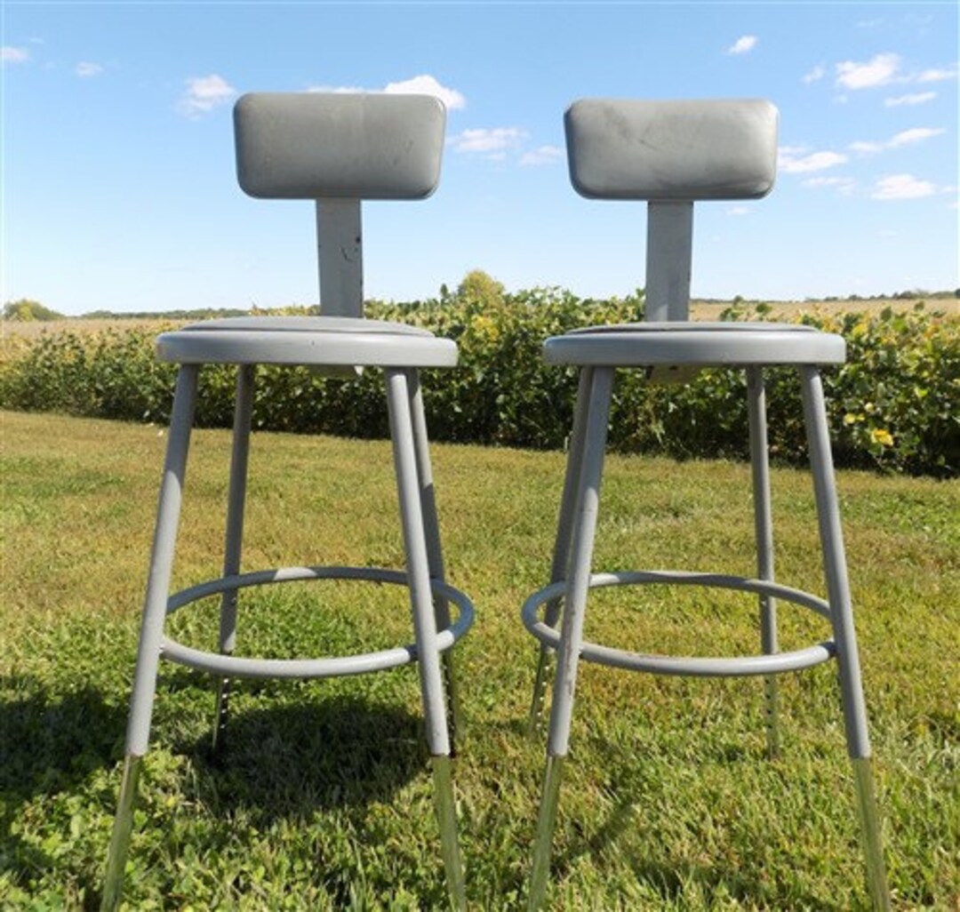2 Gray Industrial Metal Drafting Stools W Back, Adjustable Shop Stools ...