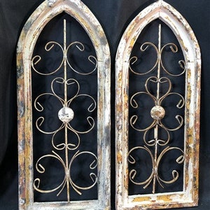 Pair Arched Wood Metal Gothic Window Frames, (12x29) Distressed Wall ...