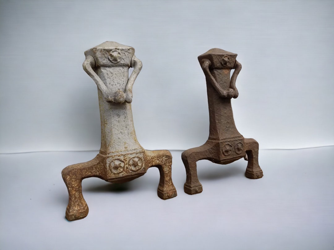 Pair Cast Iron Fireplace Andiron Fronts Art Deco Nouveau Firedog Parts ...