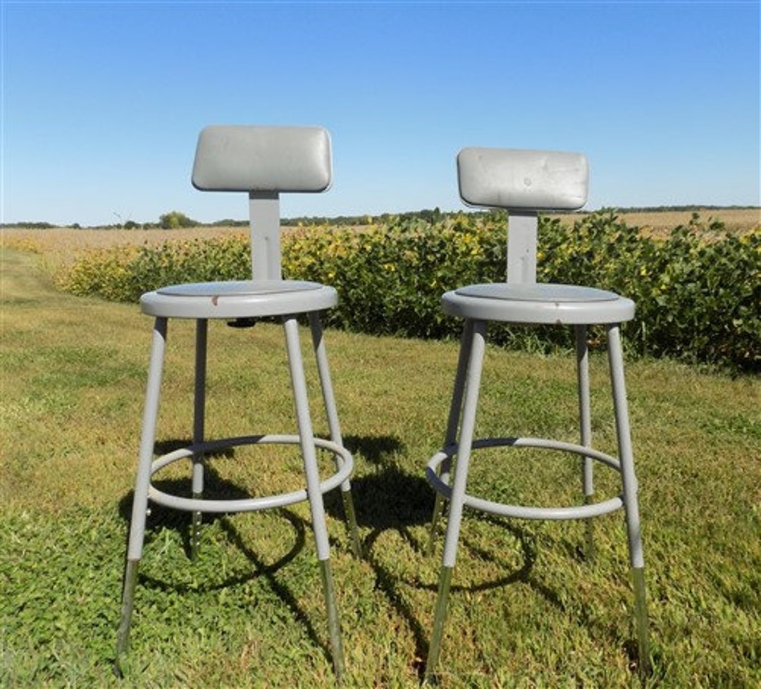 2 Gray Industrial Metal Drafting Stools W Back, Adjustable Shop Stools ...