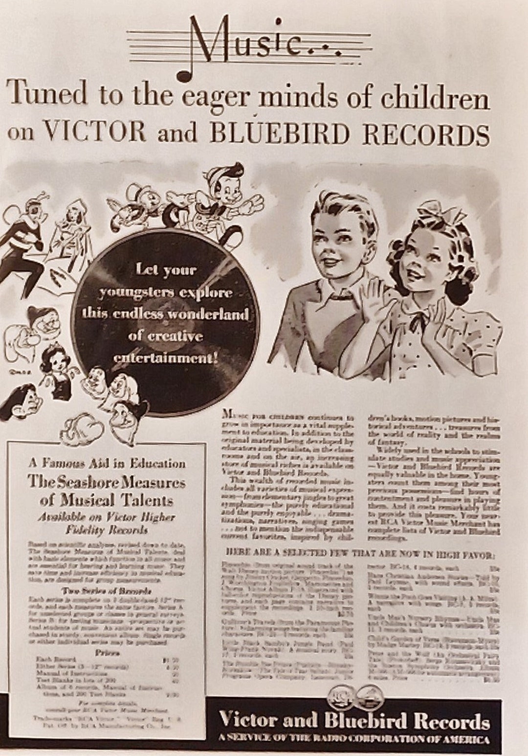 1940 Disney Movie Music Victor and Bluebird Records Ad Matted Vintage ...