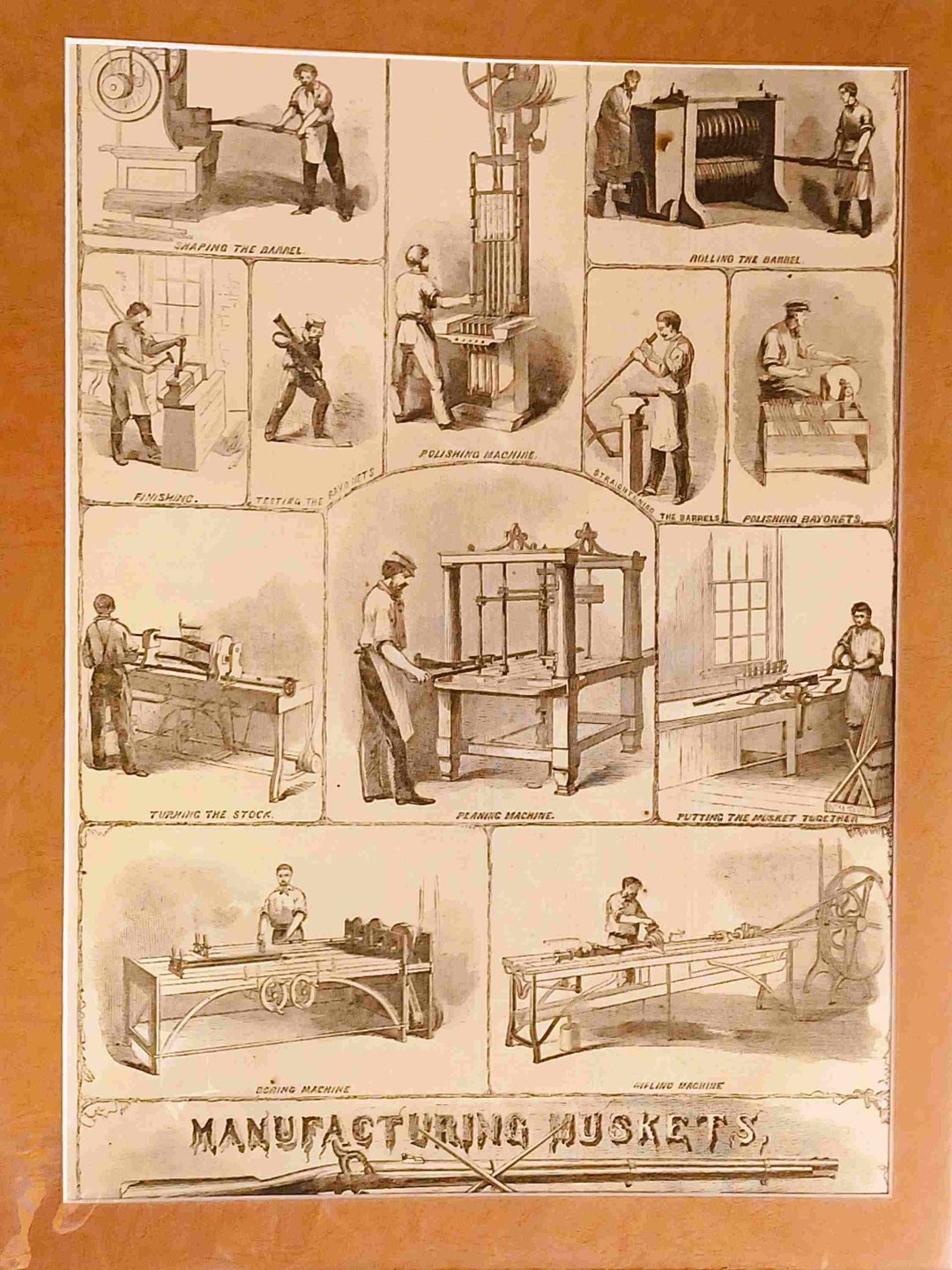1861 Civil War Musket Manufacturing Original Woodblock Engraving Frame ...