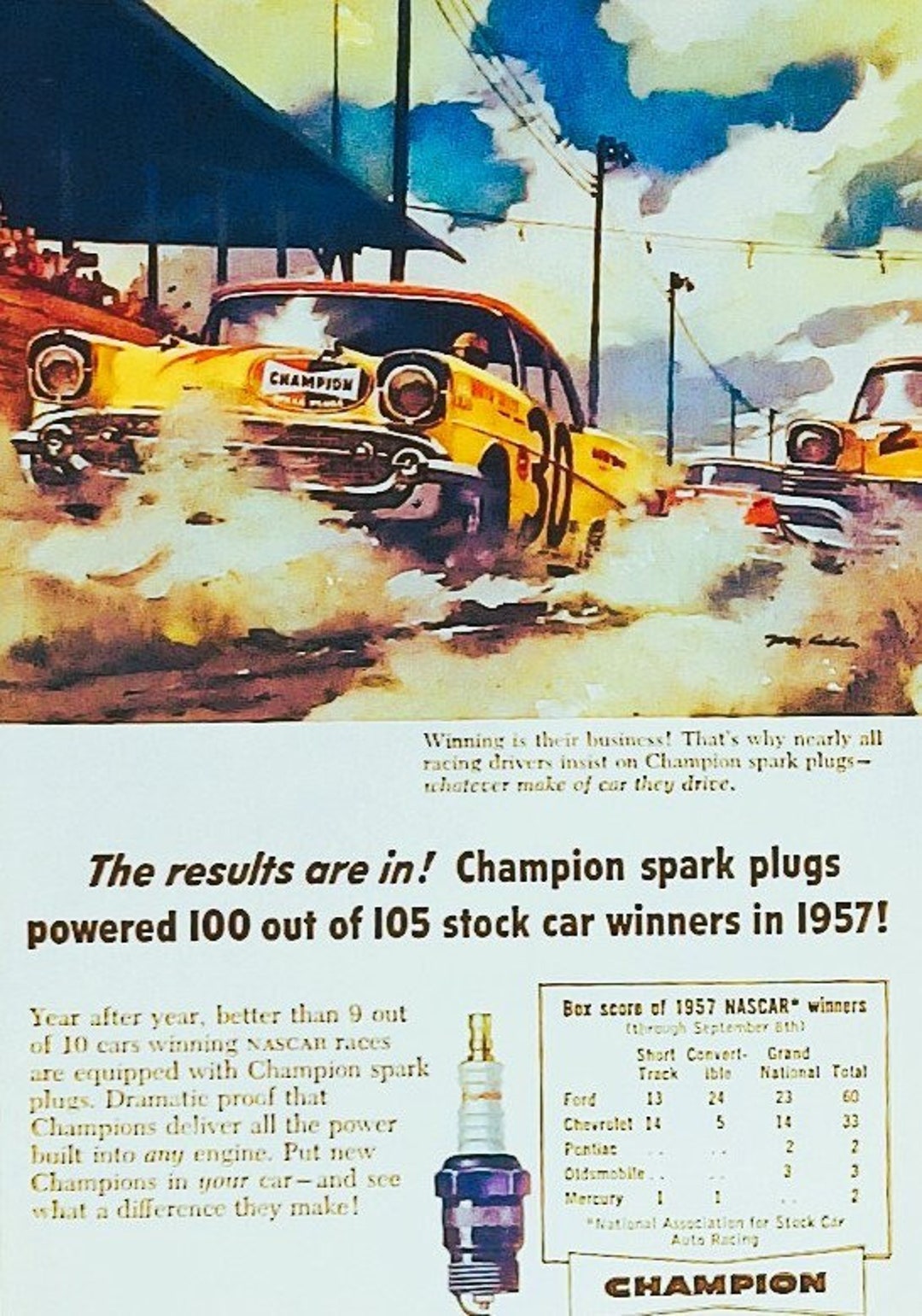 1961 Champion Spark Plugs Ad Matted 11x14 Vintage Print NASCAR Stock ...