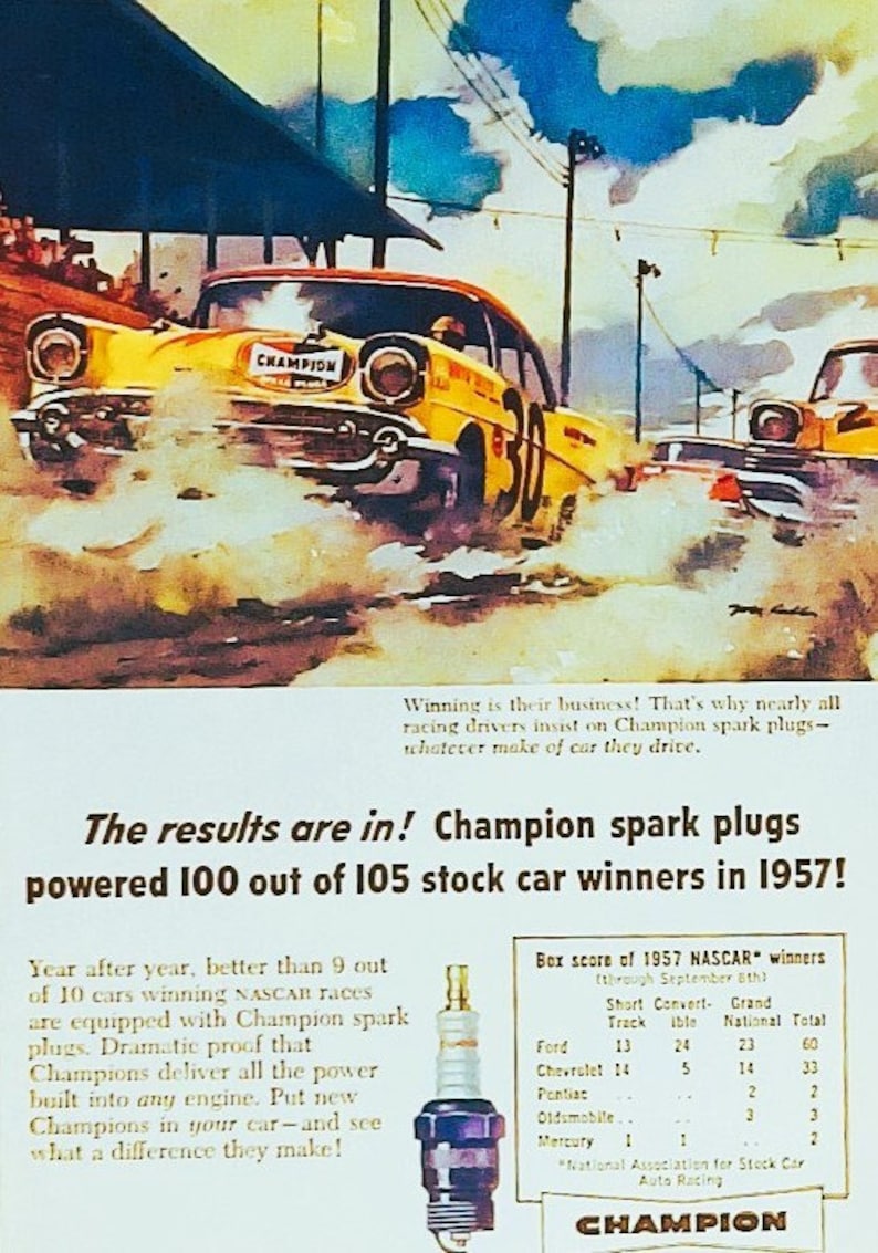 1961 Champion Spark Plugs Ad Matted 11x14 Vintage Print NASCAR Stock ...