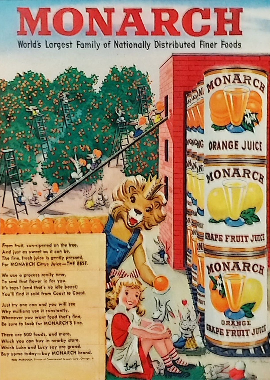 1950 Monarch Orange Juice Ad Matted Vintage 11x14 Print Citrus ...