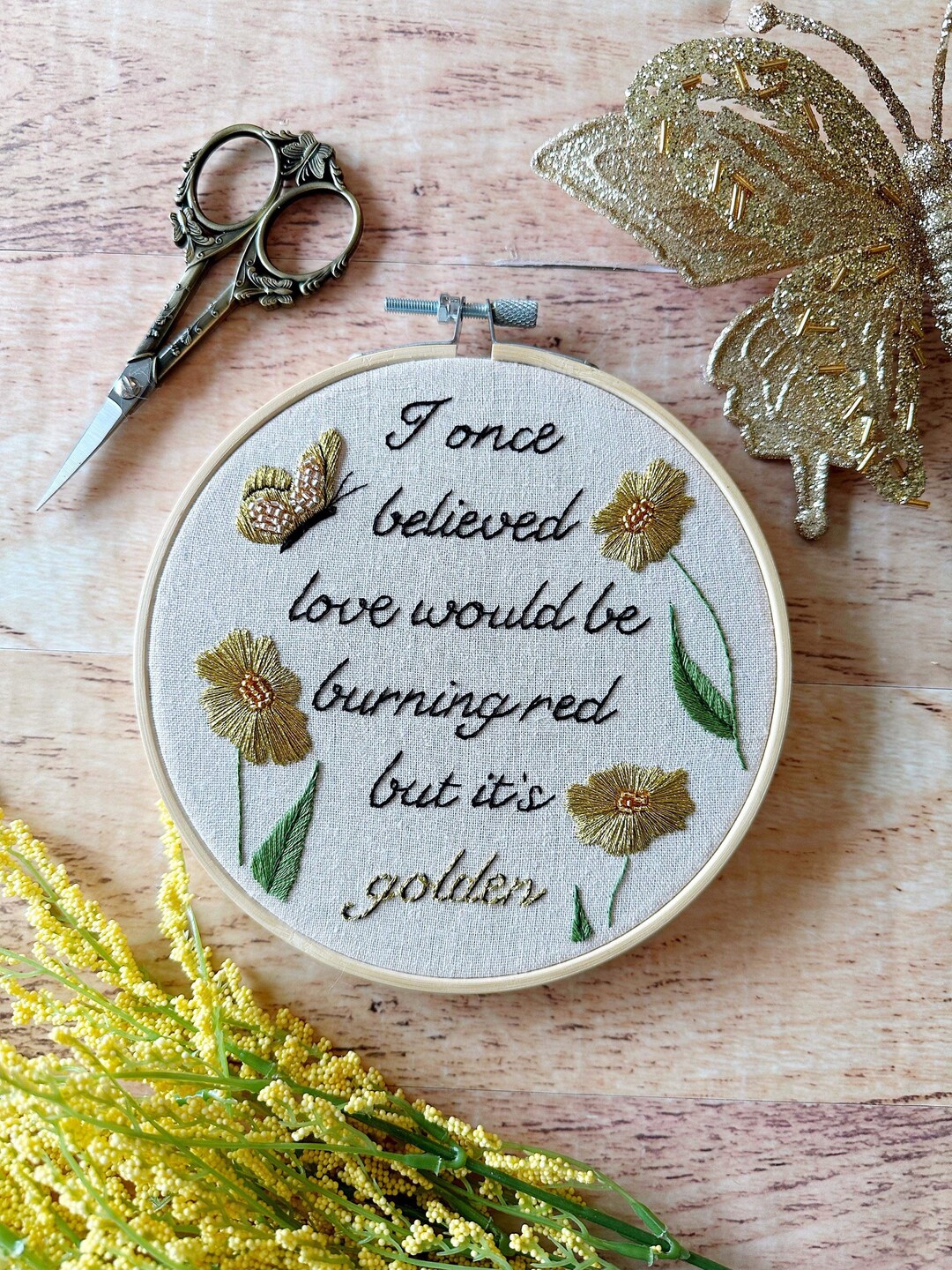 Handmade Embroidery Hoop Decor Lyrics Quote Art Embroidery Golden ...