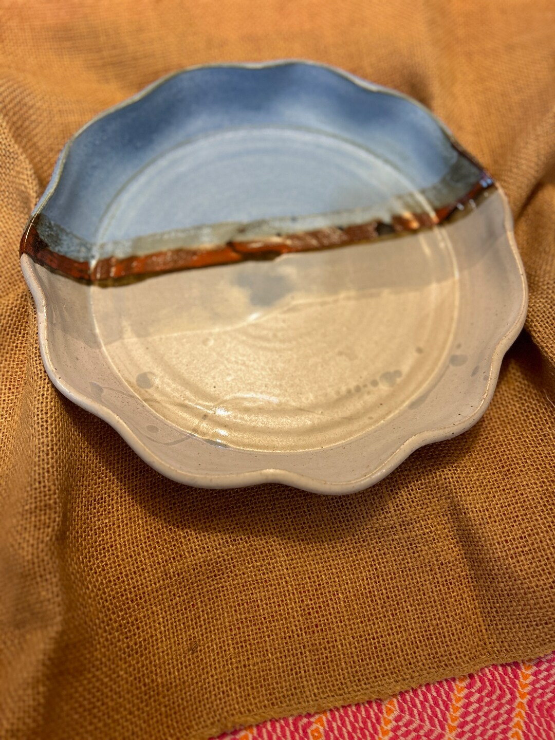 11 Inch Hand Made Pottery Pie Plate Blue Brown Grey Rustic Mid Century ...