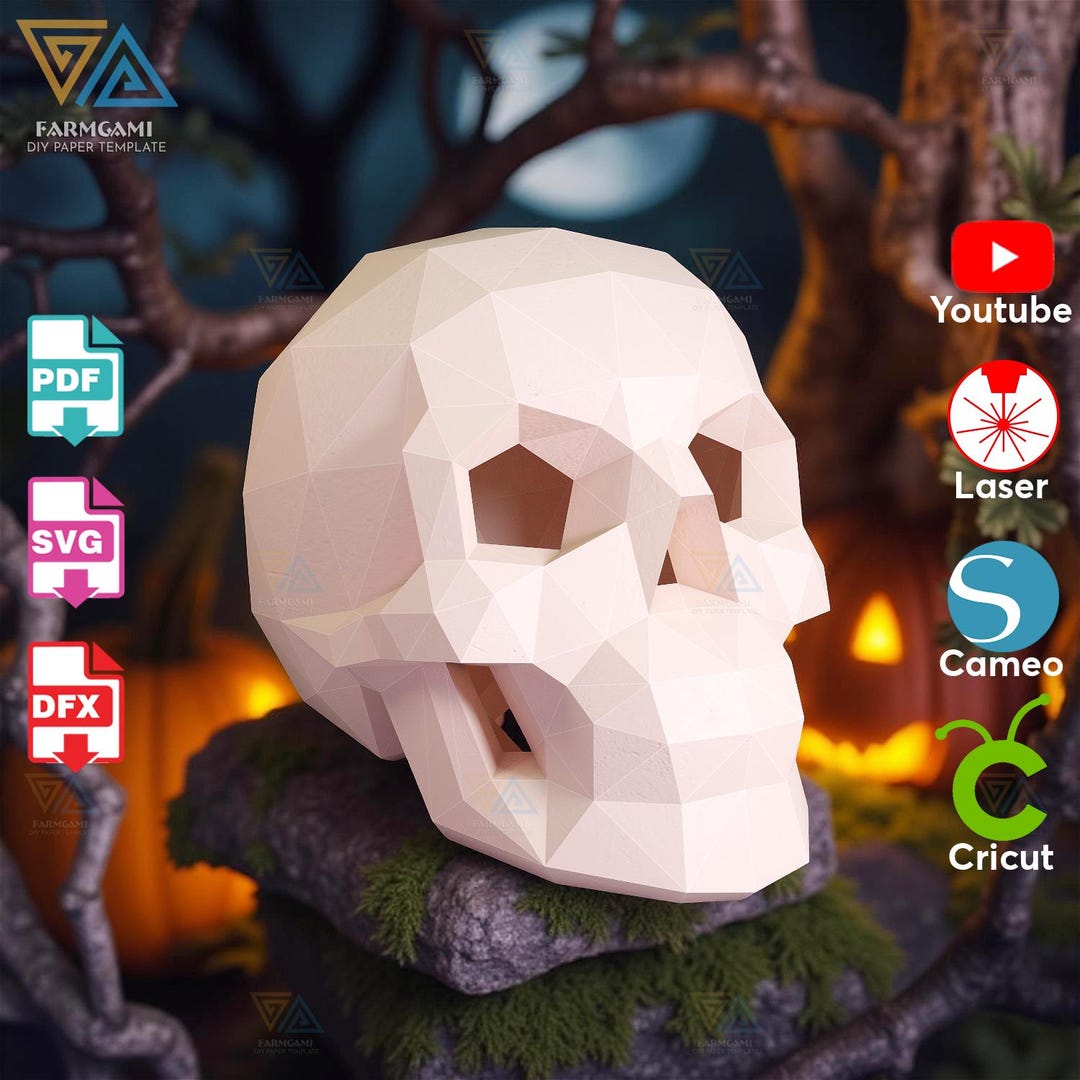Skull Papercraft Template – Diy 3D Paper Model for Halloween (SVG, DXF ...