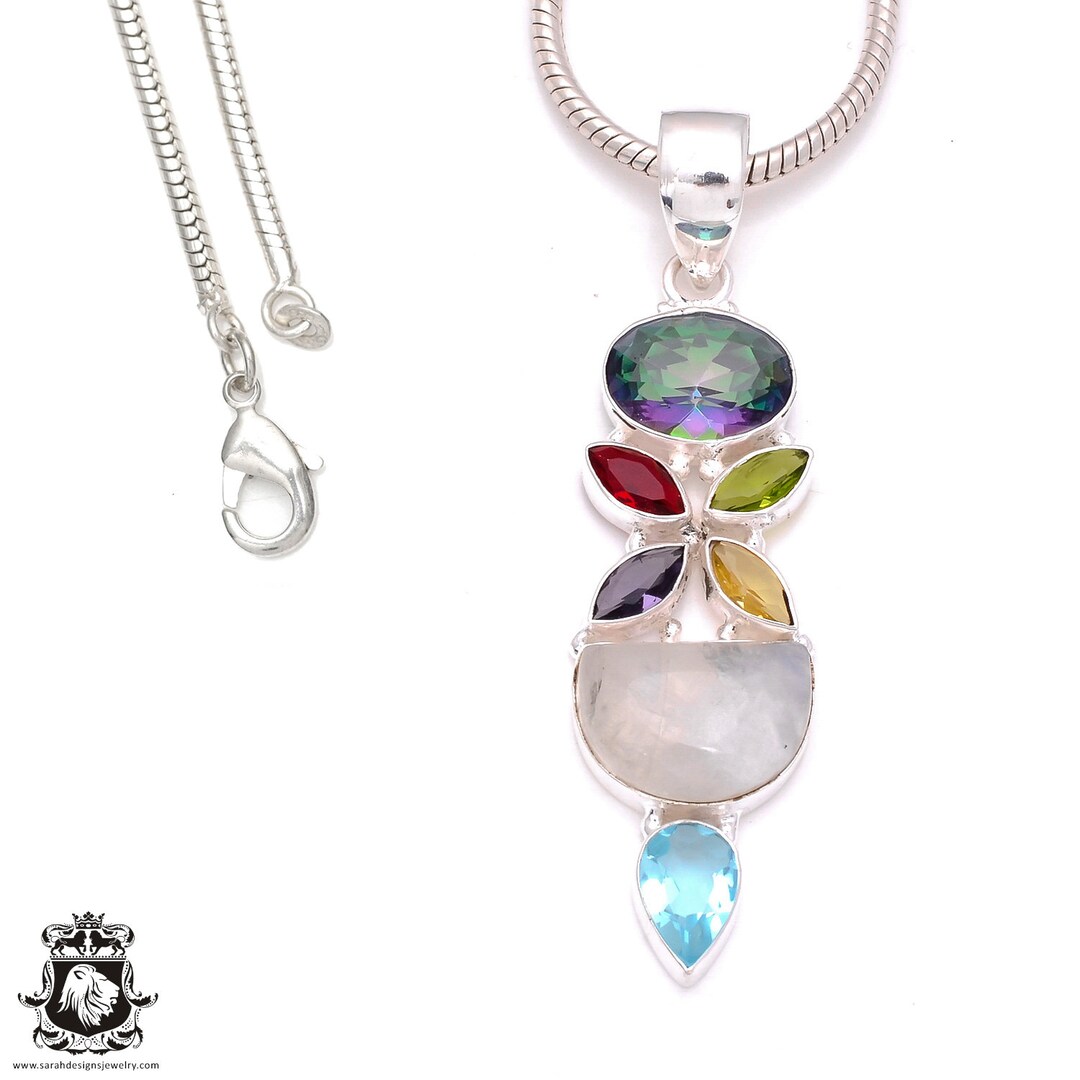 Pendentif pierre de lune multi-pierres en argent sterling 925 et chaîne ...