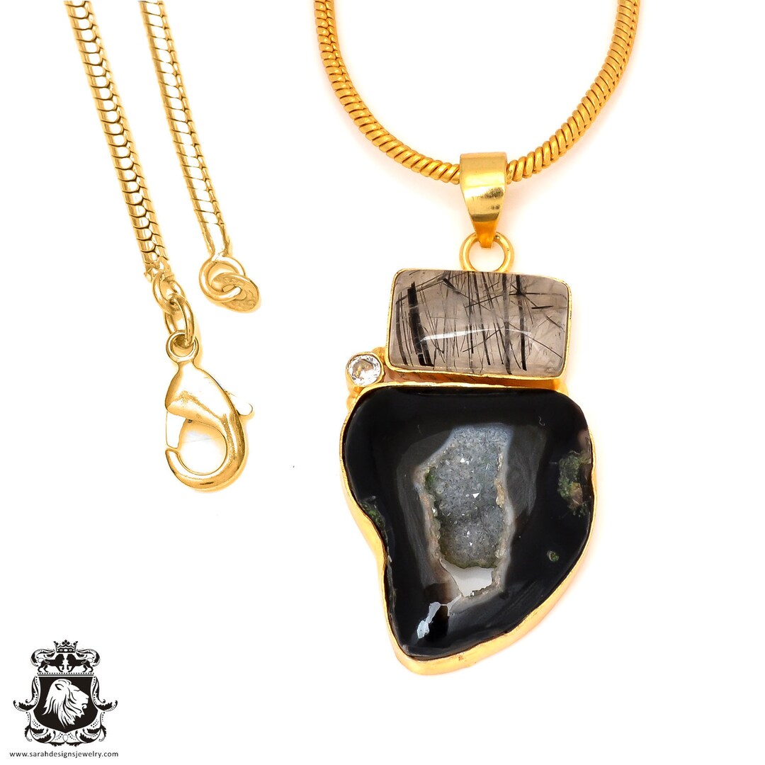 Tourmalinated Quartz Geo 24K Gold Pendant & 3mm Snake Chain GP13 - Etsy