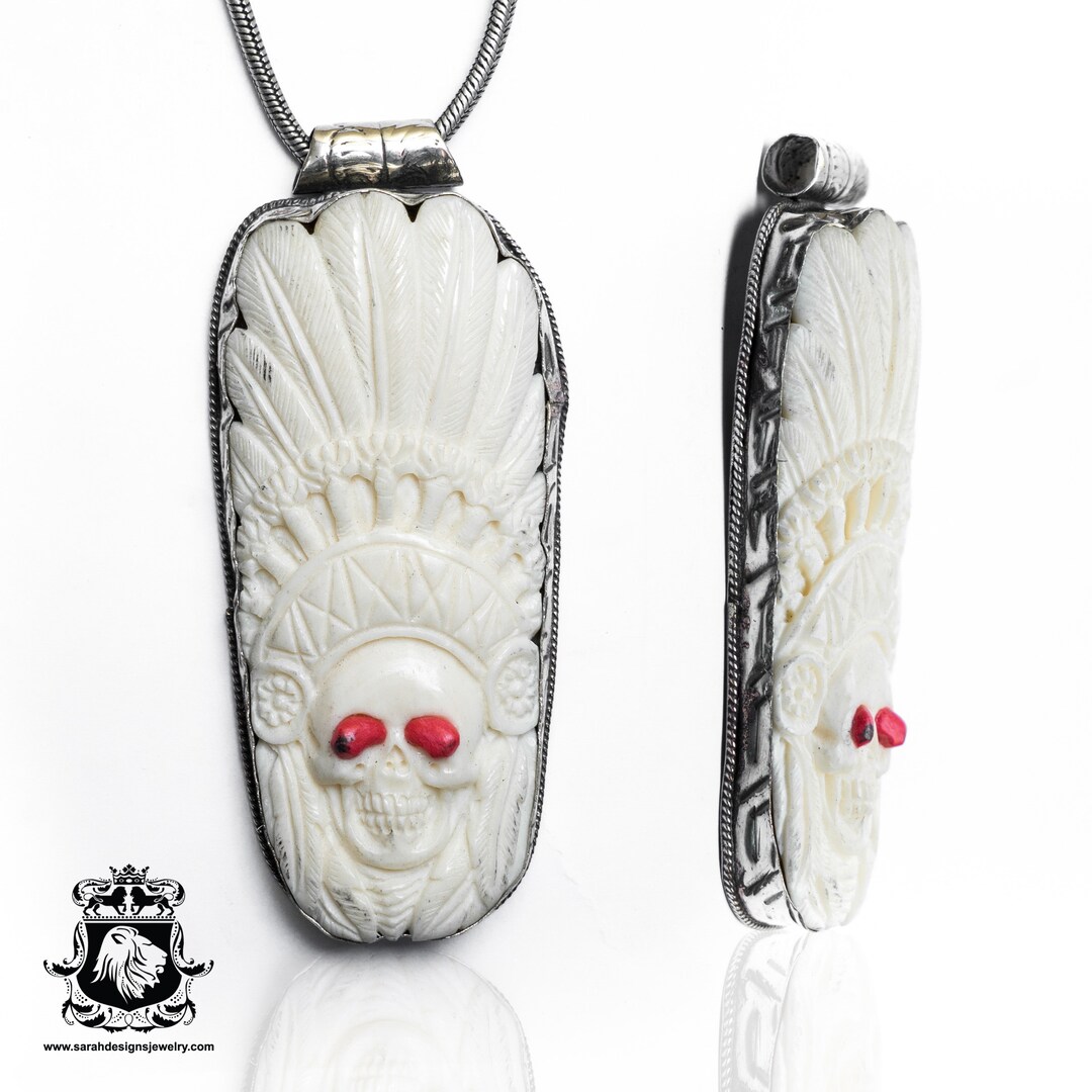 War Bonnet Wearing Native Skull Carving Pendant & FREE 3MM Italian 925 ...