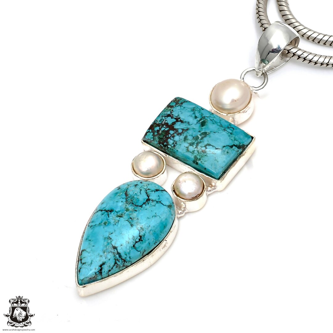 Pinto Valley Turquoise Pearl 925 Sterling Silver Pendant & 2MM Italian ...