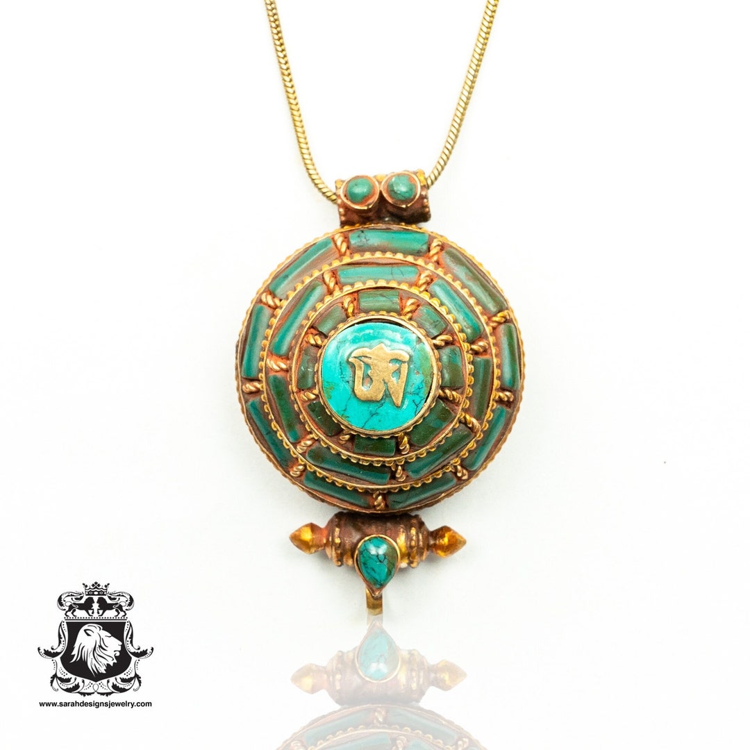 Rare Find 3D GOLD Brushed Turquoise Inlay OM Prayer Box Pendant Np42 - Etsy