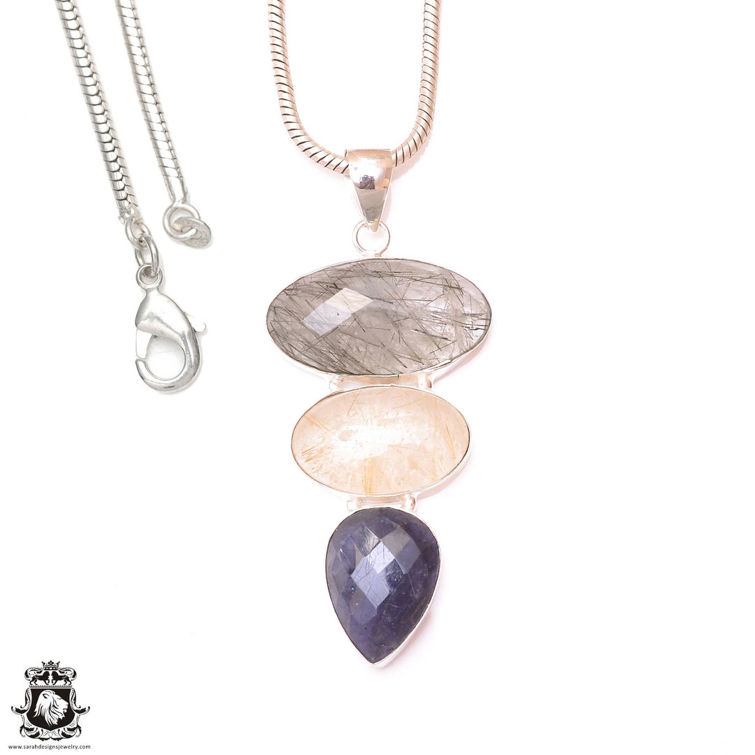 Tourmalated Rutilated Quartz Sapphire 925 Sterling Silver Pendant & 2MM ...