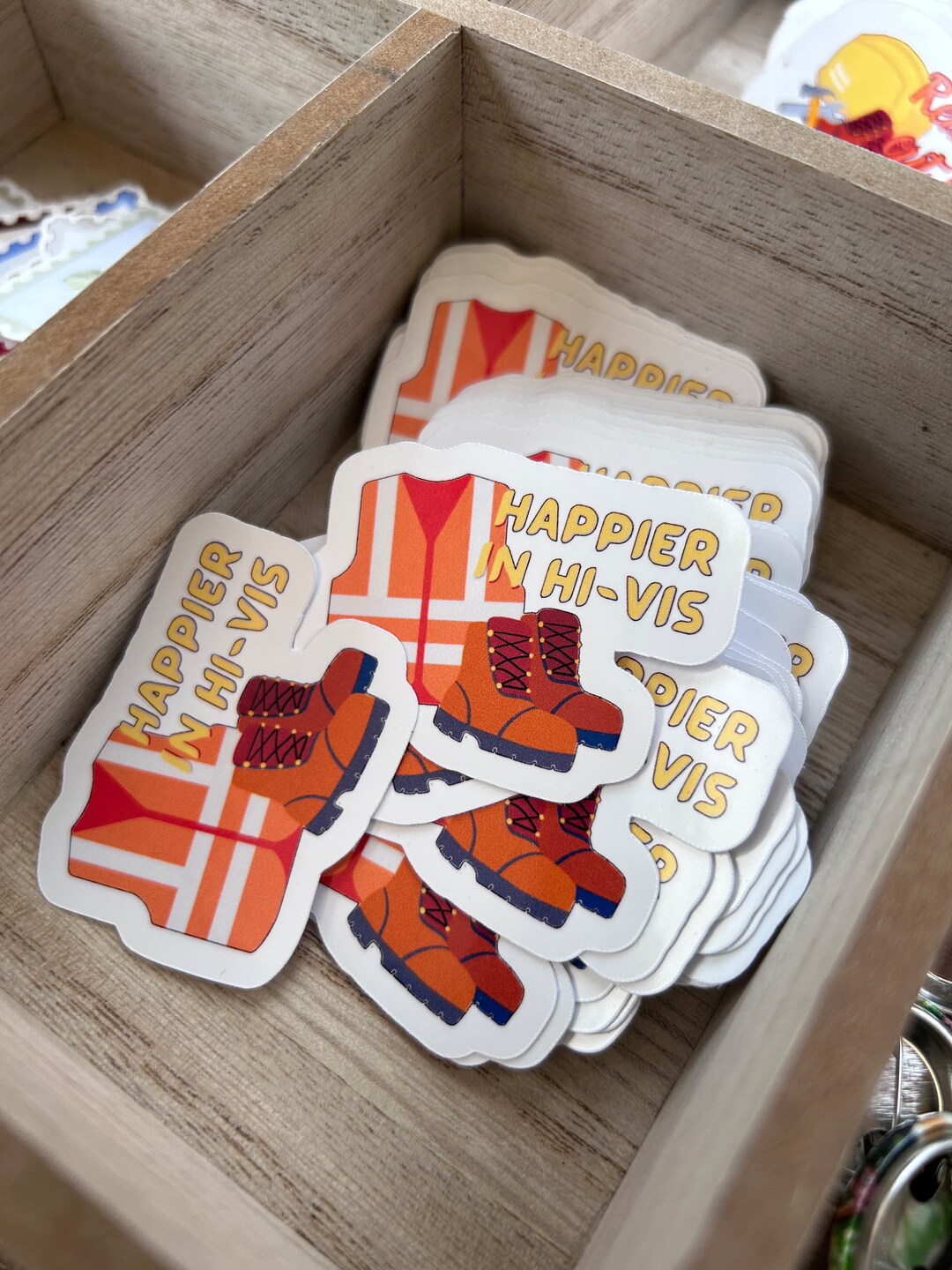 Happier in Hi Vis - JW LDC Construction - Waterproof Vinyl Stickers, Spanish/espanol Available ...