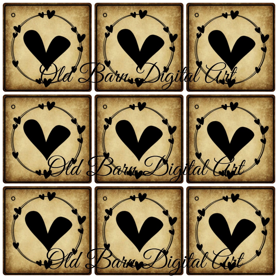 Primitive Printable Black Heart Hang Tags With Border - Instant Digital ...