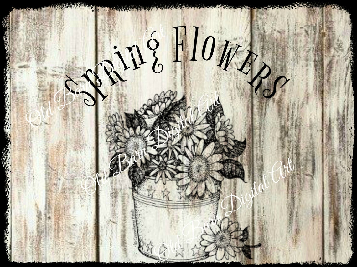 Primitive Digital Art- Spring Flowers - Container of Flowers - Black ...