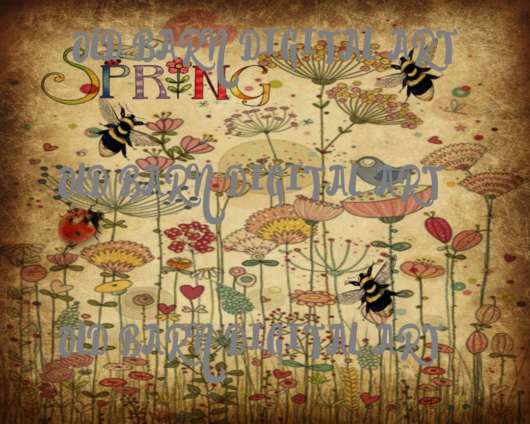 Primitive Digital Art- Spring Flowers - Farmhouse Decor - Mixed Media ...