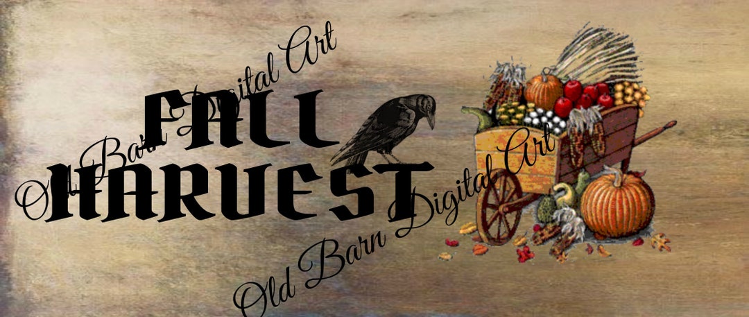 3x7 Primitive Digital Art Image/ Label /fall Harvest/crow/grungy Paper ...