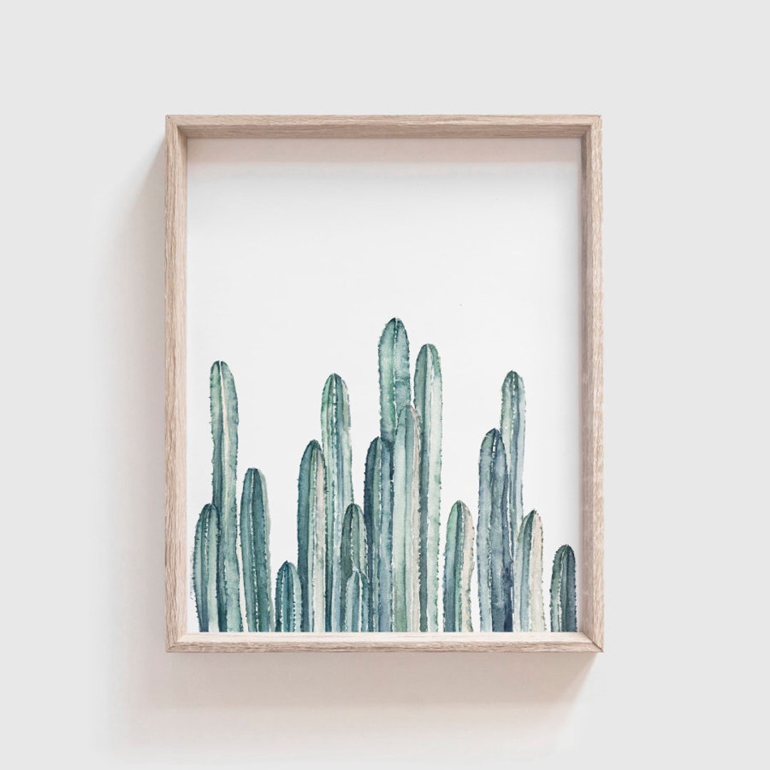 Cactus Row No 3 Art Print - Teal Cacti - Cactus Painting - Cactus Watercolor - Southwestern ...