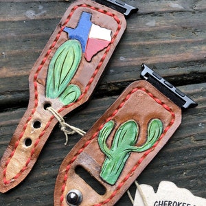 Hand Painted Apple Watchband, 42mm Leather Watch Band, Cactus, Texas ...