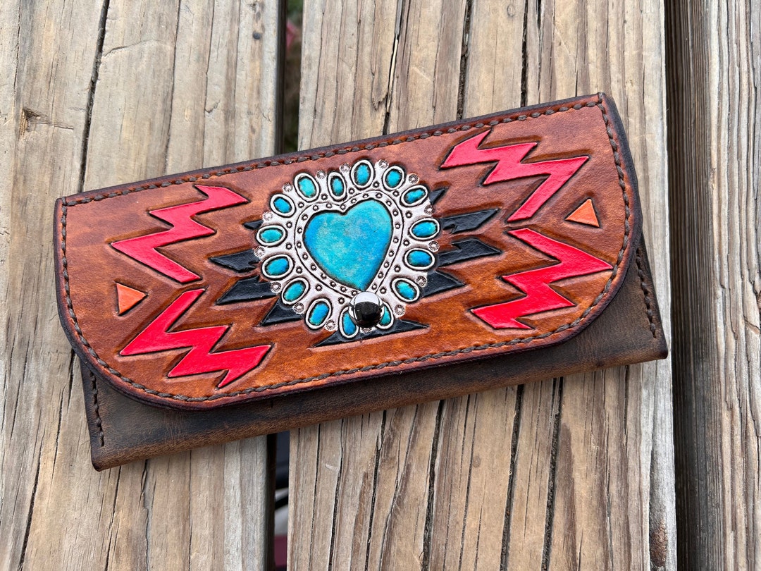 Tribal Turquoise Heart 3 Card Ladies Clutch Wallet, Handmade Real ...