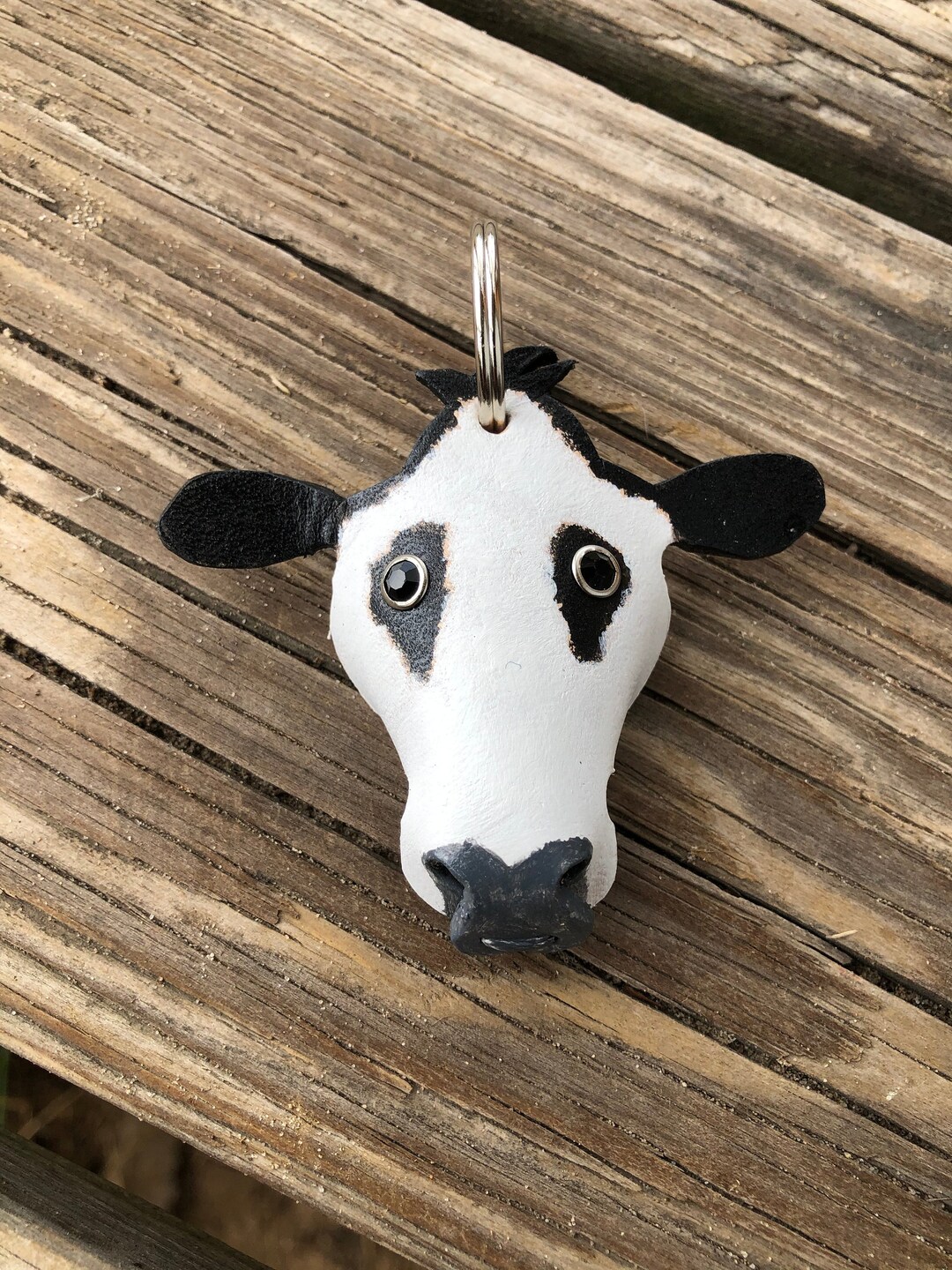 Hand Painted Black Baldy Cow Leather Keychain - Etsy