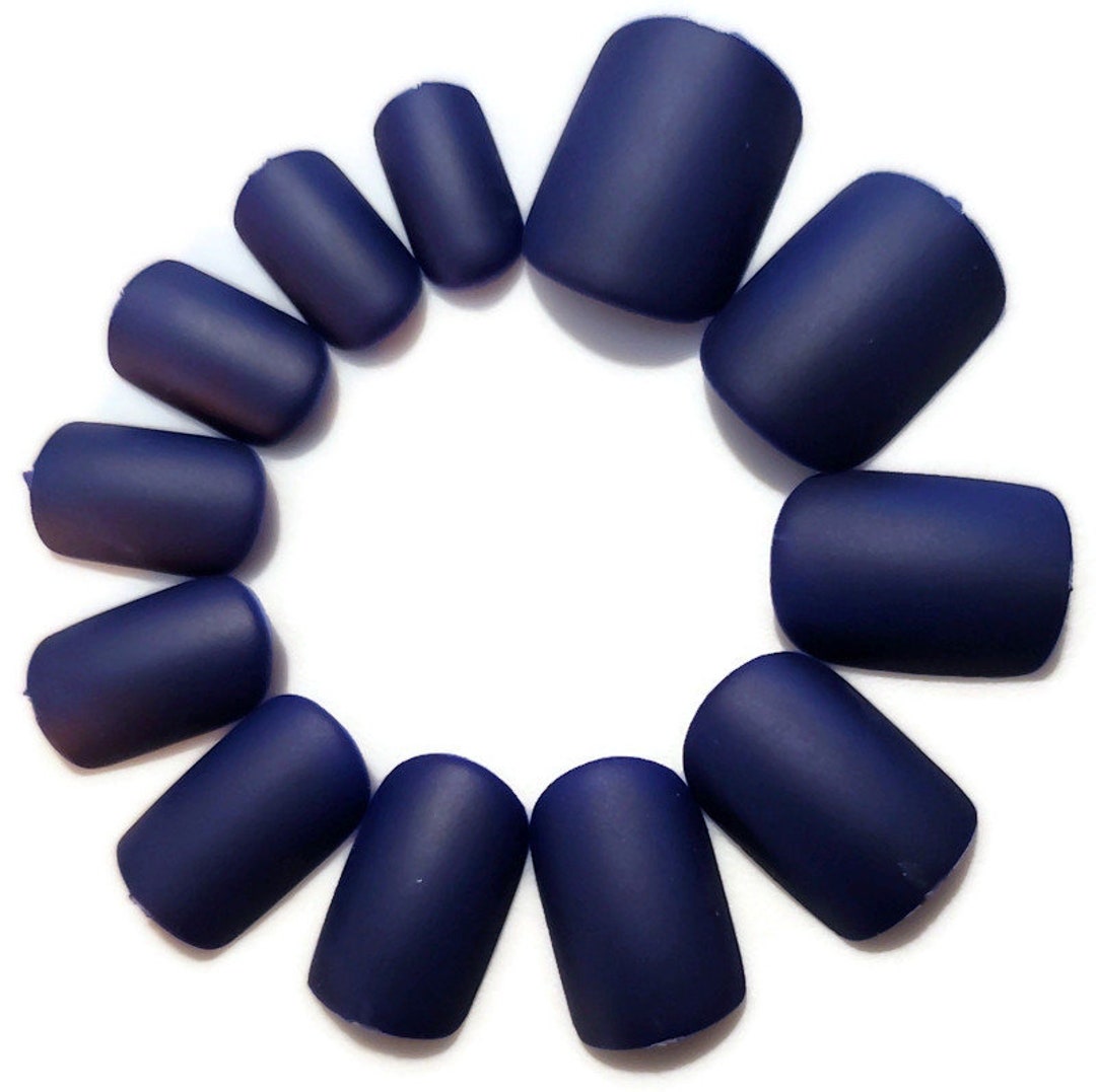 JR Adult Matte Polish Finish Dark Blue Color Short Round Press On/glue ...