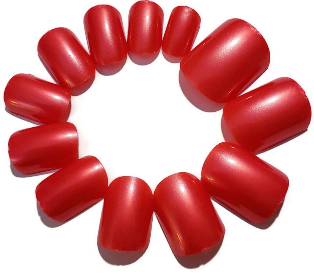 JR Adult Glossy Gel Finish Pearl Red Color Short Round Press On/glue on ...