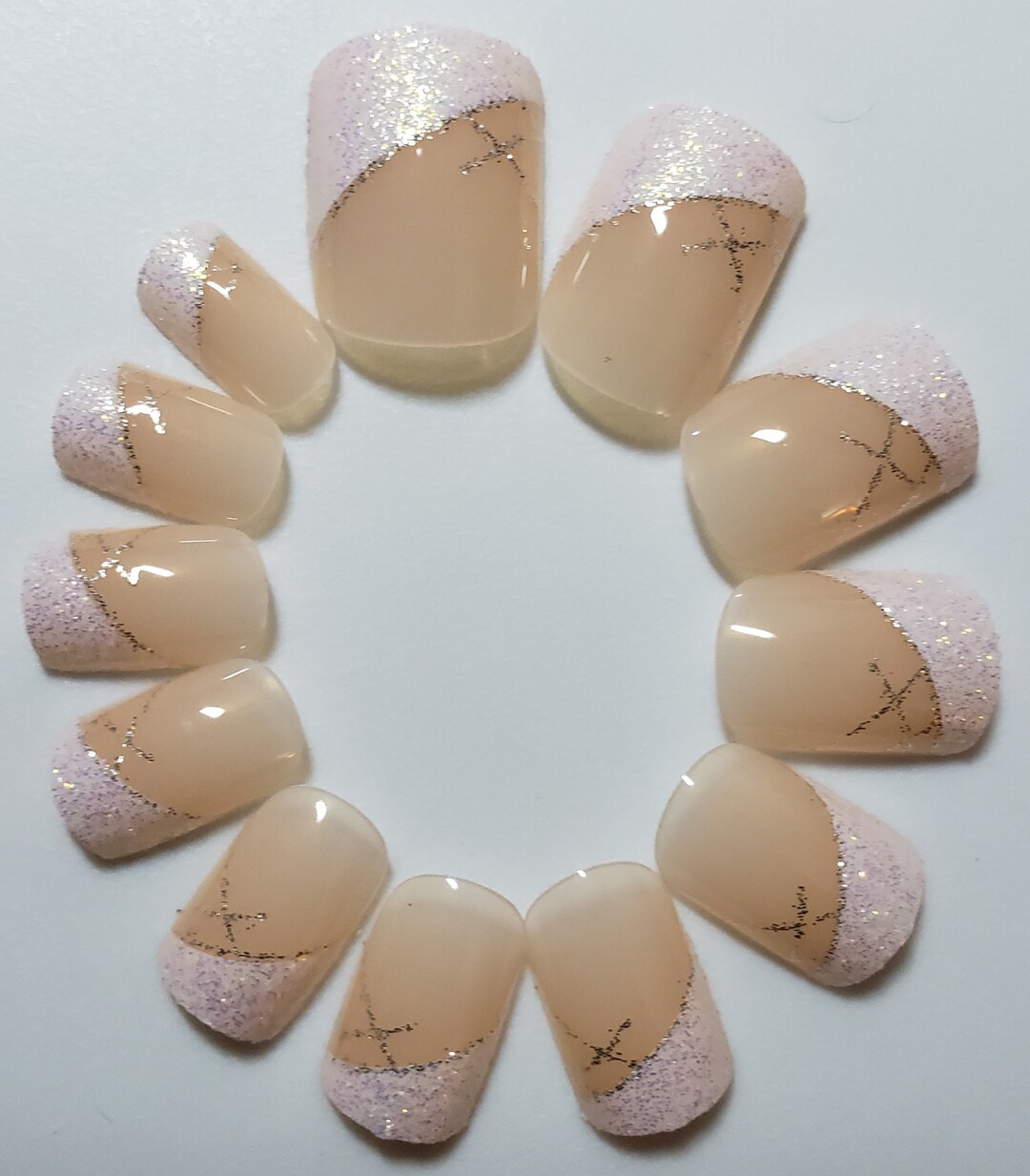JR Beveled French Tip W/glitter Short Natural Round Press Ons - Etsy