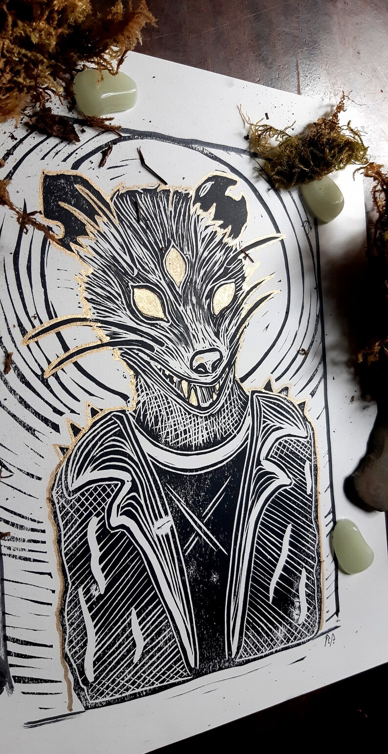 Punk rock opossum print hand printed on paper original art | Etsy