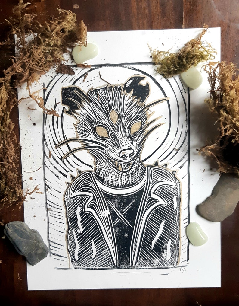 Punk rock opossum print hand printed on paper original art | Etsy