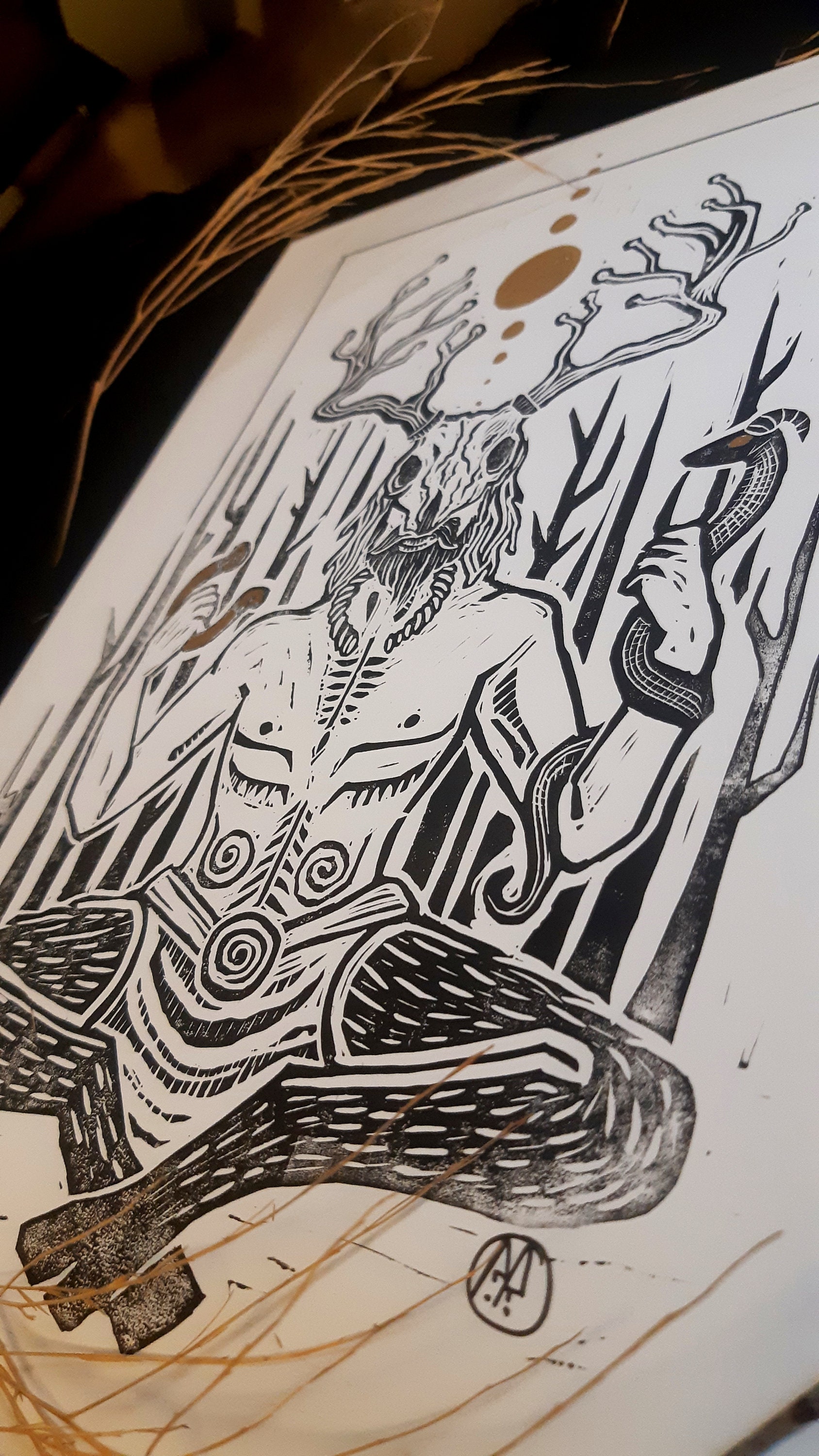 Cernunnos Linocut Print Deer Skull Horned God Hand Printed on | Etsy