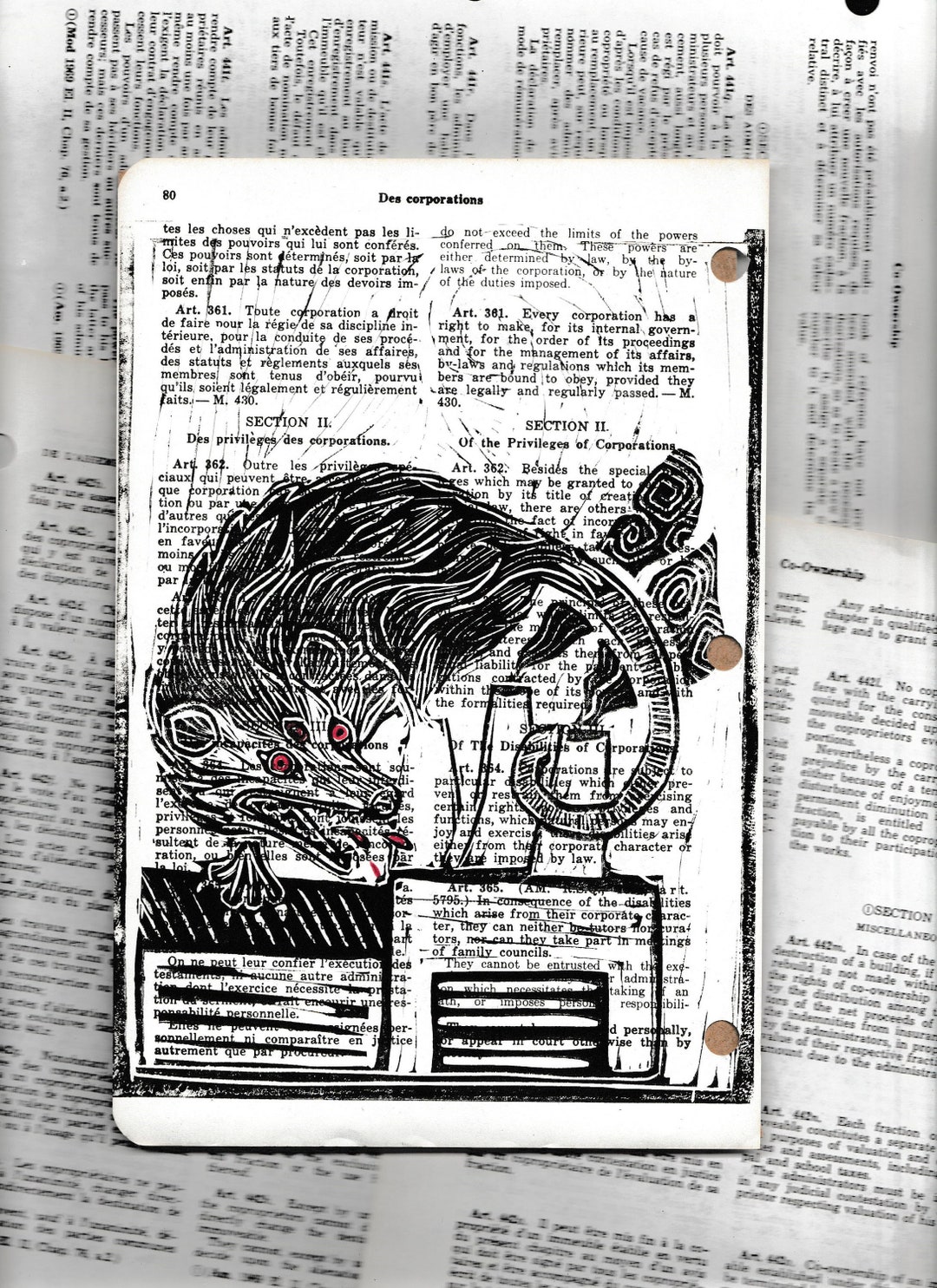 Opossum Monster - Linocut Print on Civil Code Page Hand Printed on ...