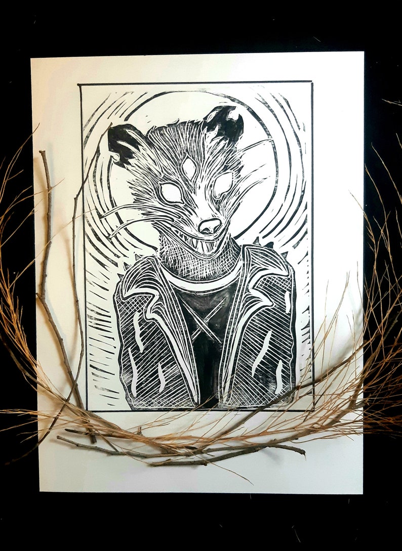 Punk rock opossum print hand printed on paper original art | Etsy