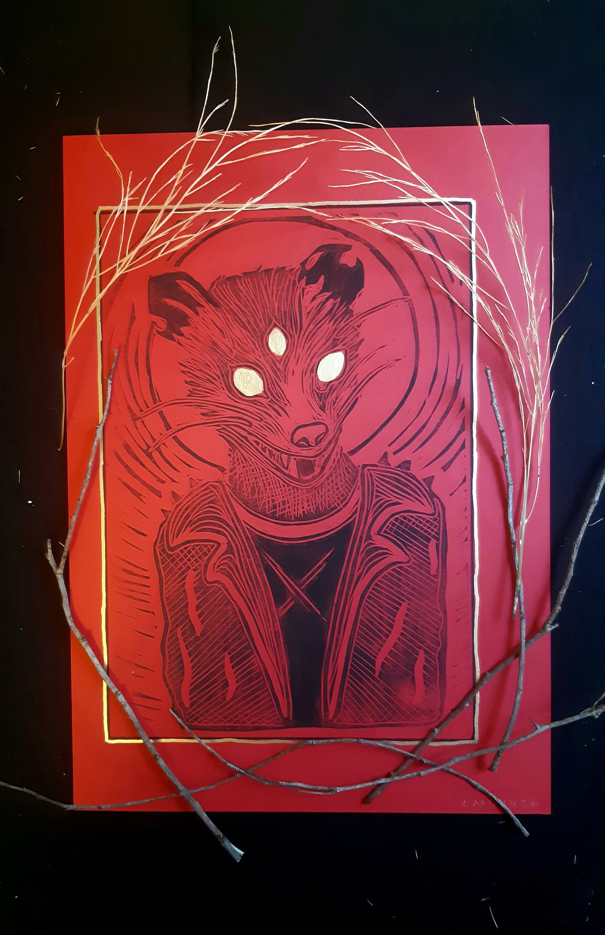 Punk rock opossum print hand printed on paper original art | Etsy