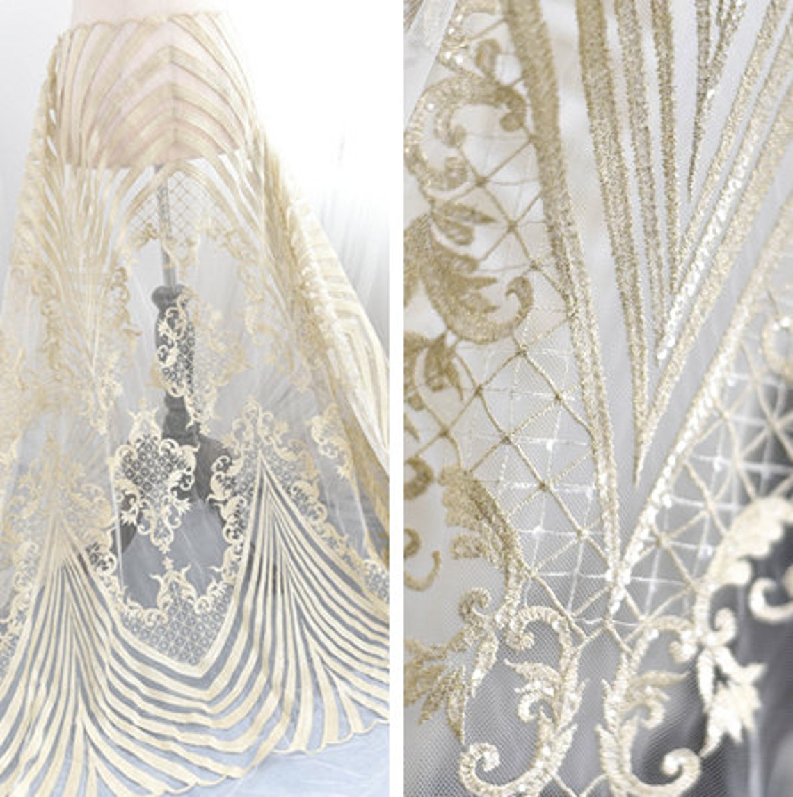 Width 51.18 inches light Gold lace fabric with Sequins | Etsy