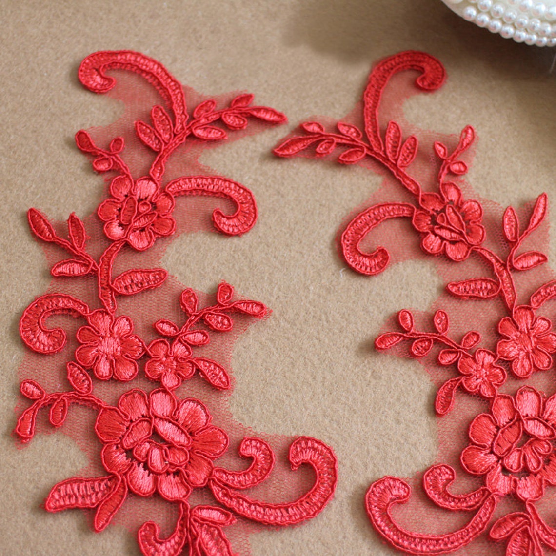 A Pair Red Flower Lace Appliquesembroidered Flowerspatches - Etsy