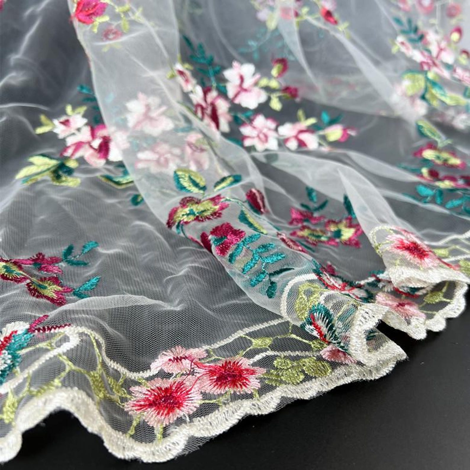 0.5 Meter Elegant Embroidered Floral Lace Fabric | Soft Sheer Tulle ...